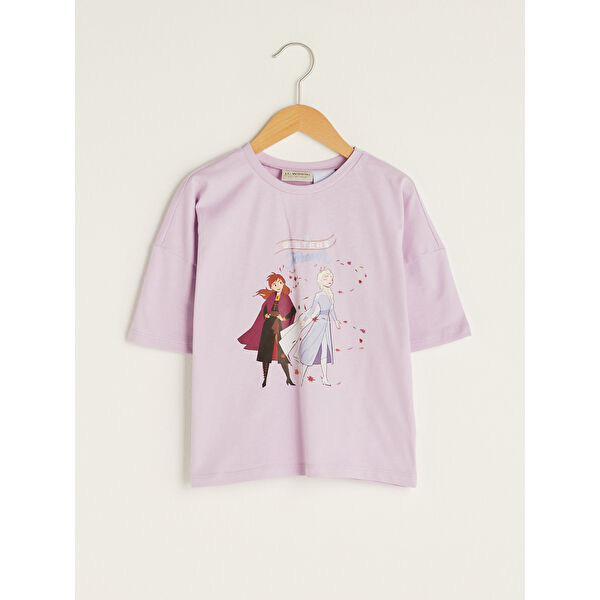 Bisiklet Yaka Frozen Baskılı Kısa Kollu Pamuklu Kız Çocuk Tişört