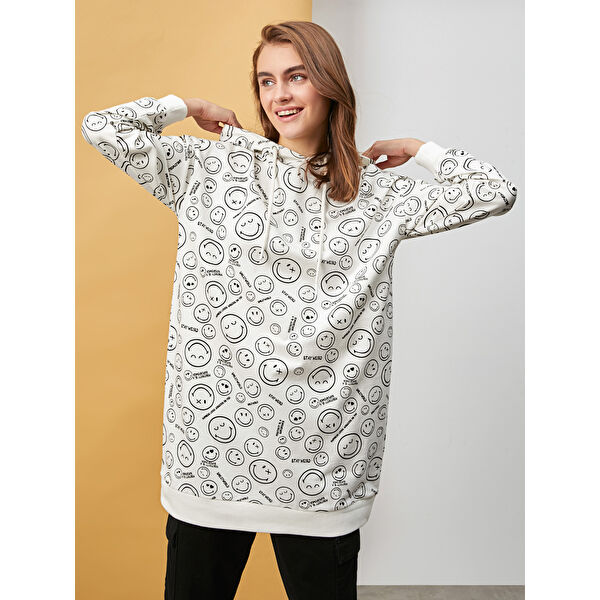 MODEST Kapüşonlu Smileyworld Baskılı Uzun Kollu Kadın Tunik