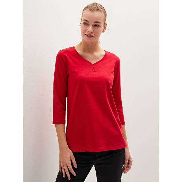 LCW GRACE V Yaka Düz Yarım Kollu Pamuklu Kadın Tişört