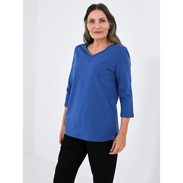 LCW GRACE V Yaka Düz Yarım Kollu Pamuklu Kadın Tişört