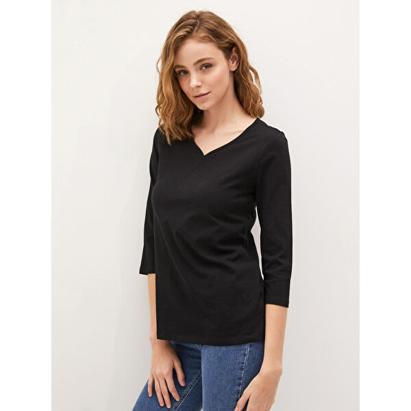 LCW GRACE V Yaka Düz Yarım Kollu Pamuklu Kadın Tişört