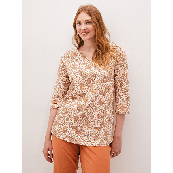 LCW GRACE V Yaka Baskılı Yarım Kollu Pamuklu Kadın Bluz