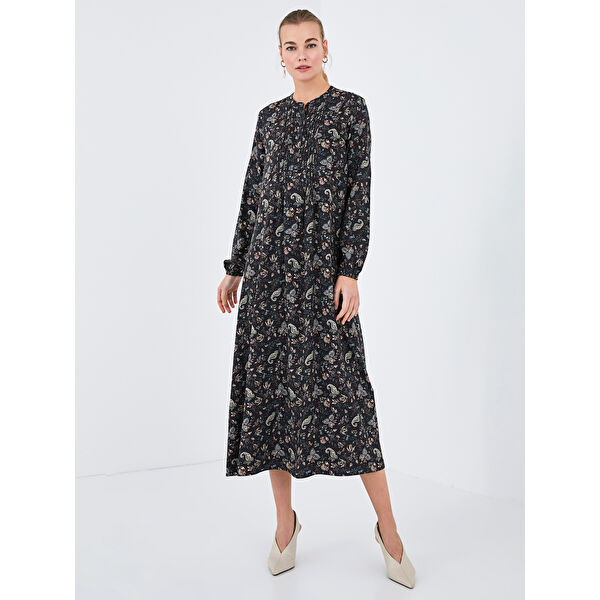 LCW GRACE Hakim Yaka Çiçek Baskılı Uzun Kollu Belmando Kumaş Kadın Elbise