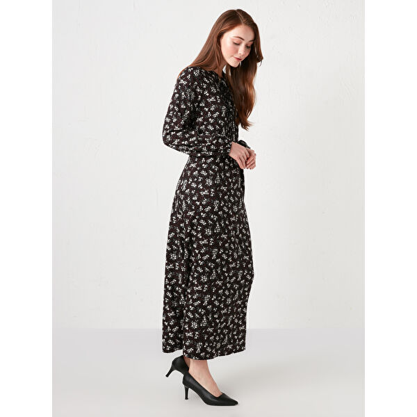 LCW GRACE Hakim Yaka Çiçek Baskılı Uzun Kollu Belmando Kumaş Kadın Elbise