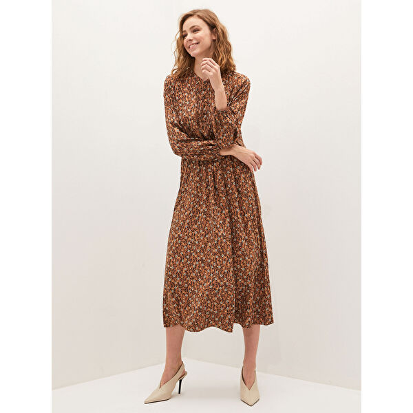 LCW GRACE Hakim Yaka Çiçek Baskılı Uzun Kollu Belmando Kumaş Kadın Elbise