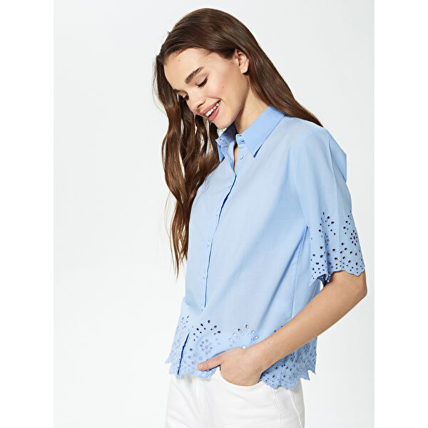 LCW CASUAL Düğme Kapamalı Nakış Desenli Kısa Kollu Vual Kumaş Kadın Gömlek