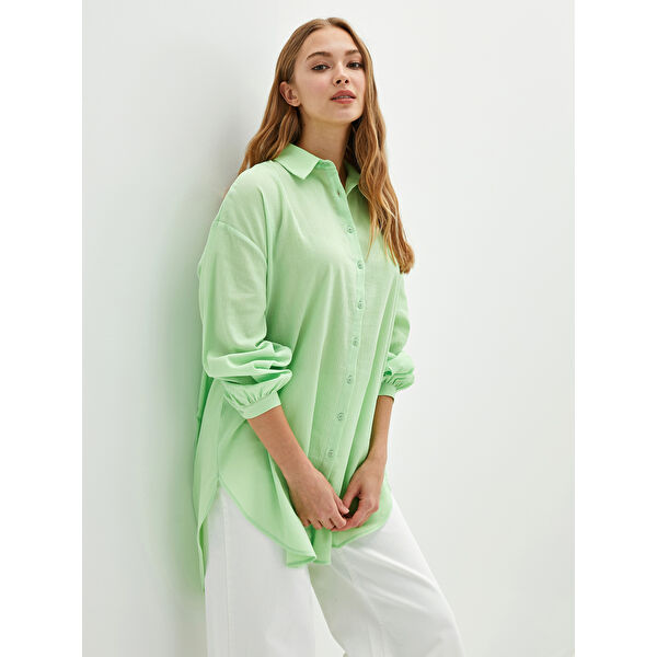 LCW CASUAL Gömlek Yaka Düz Uzun Kollu Krinkle Kumaş Kadın Tunik