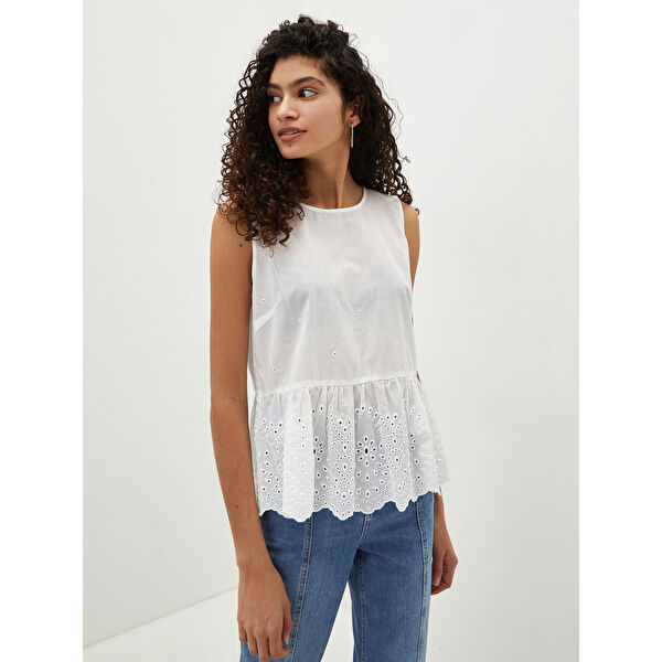 Bisiklet Yaka Nakışlı Kolsuz Vual Kumaş Kadın Bluz