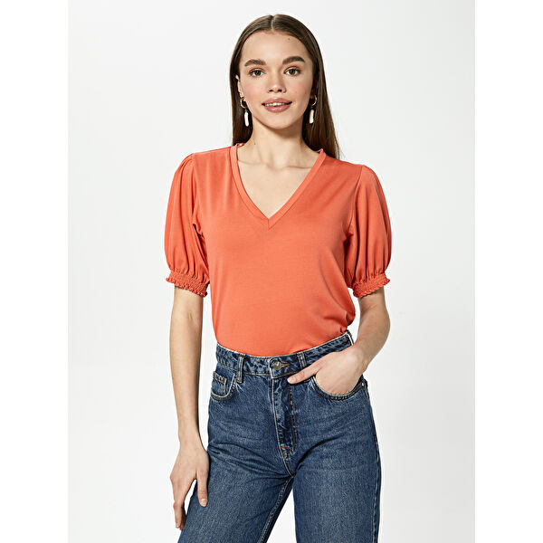 LCW VISION V Yaka Düz Kısa Kollu Krep Kumaş Kadın Bluz