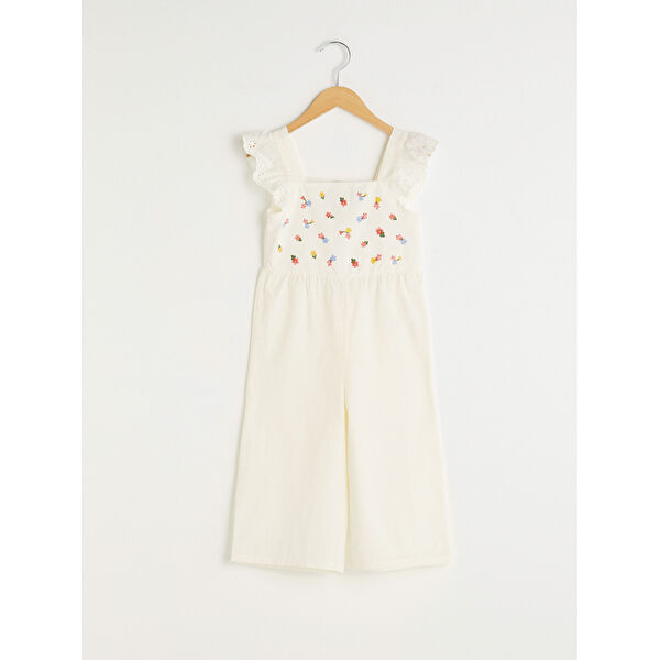 Kare Yaka Desenli Kolları Fisto Detaylı Poplin Kız Çocuk Tulum