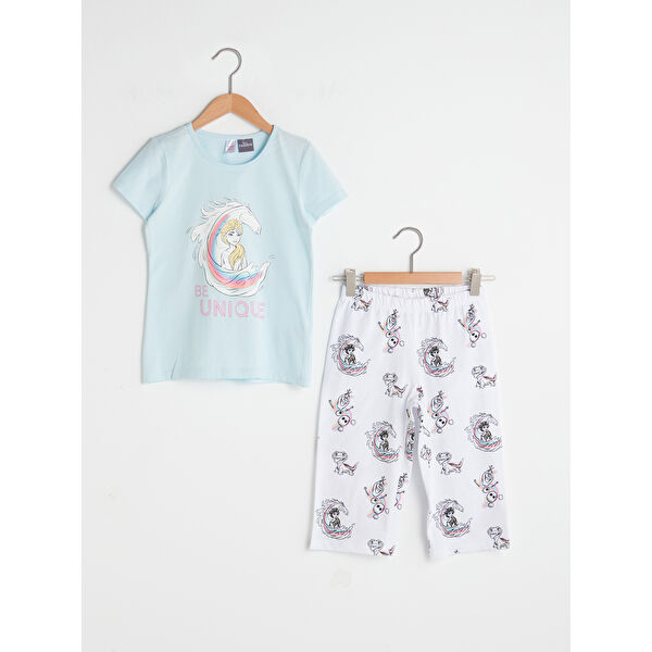Bisiklet Yaka Elsa Baskılı Kısa Kollu Kız Çocuk Pijama Takımı