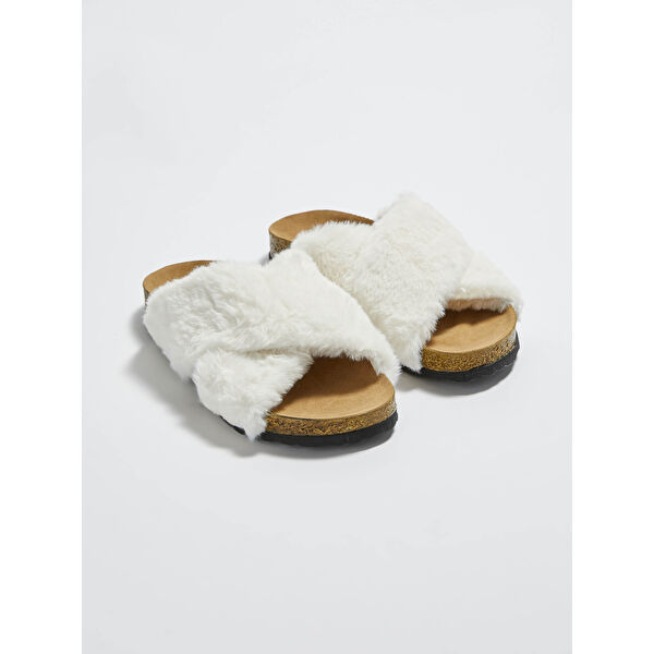 Tüylü Çapraz Bant Kadın Ev Terliği Tüylü Çapraz Bant Kadın Ev Terliği