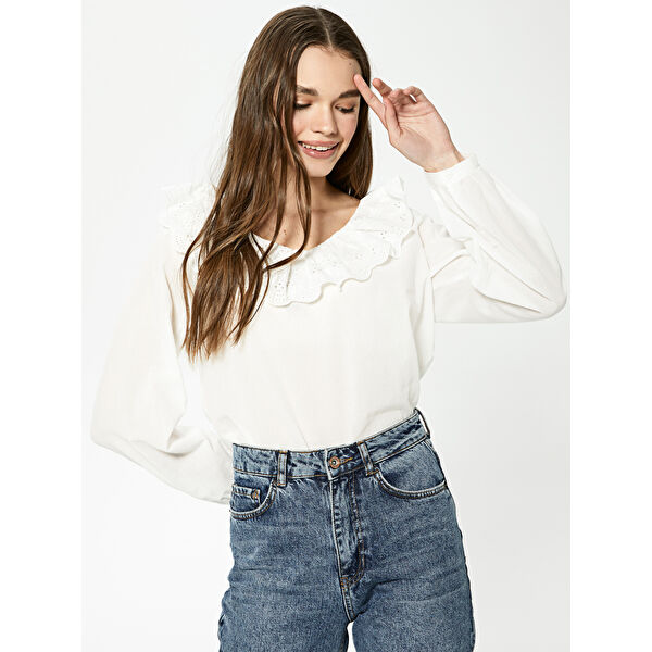 LCW CASUAL Fırfırlı U Yaka Düz Uzun Kollu Vual Kumaş Kadın Bluz