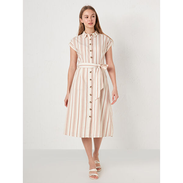 LCW CASUAL Gömlek Yaka Çizgili Kısa Kollu Beli Bağlama Detaylı Kadın Elbise