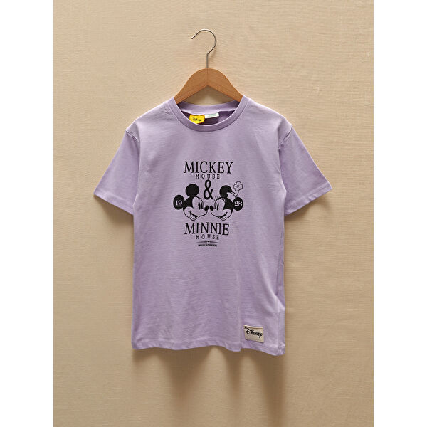 Bisiklet Yaka Minnie ve Mickey Mouse Baskılı Kısa Kollu Organik Pamuklu Kız Çocuk Tişört