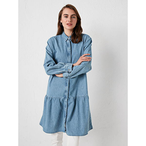 LCW CLASSIC Gömlek Yaka Fırfır Detaylı Uzun Kollu Kadın Jean Tunik