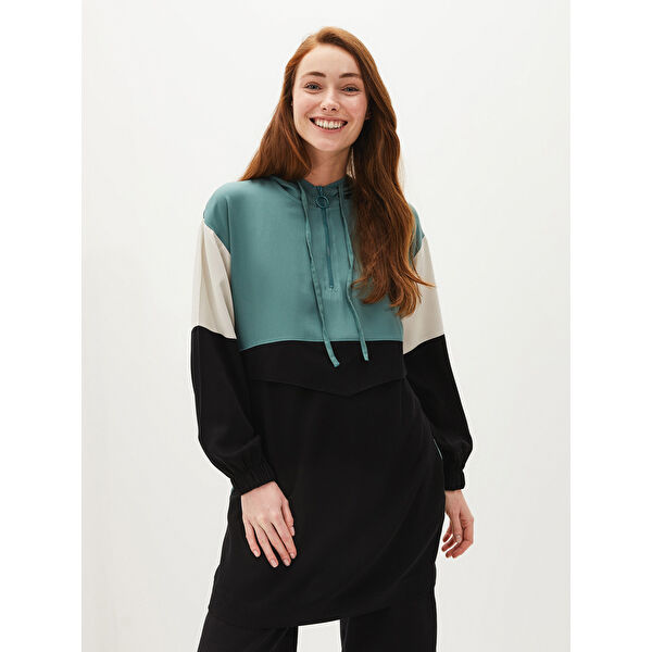 MODEST Kapüşon Yaka Renk Bloklu Uzun Kollu Belmando Kumaş Oversize Kadın Tunik MODEST Kapüşon Yaka Renk Bloklu Uzun Kollu Belmando Kumaş Oversize Kadın Tunik