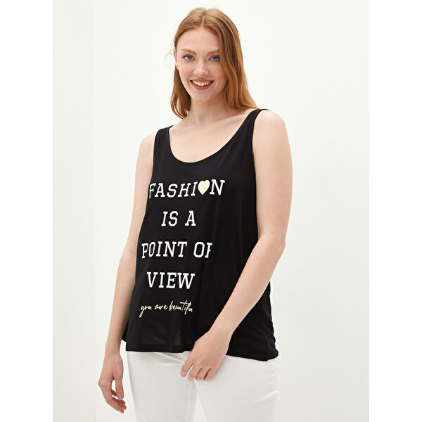 U Yaka Slogan Baskılı Kadın Atlet