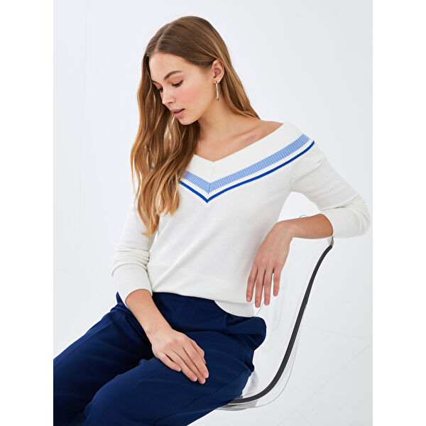 LCW CASUAL Kayık Yaka Çizgili Uzun Kollu Kadın Triko Kazak LCW CASUAL Kayık Yaka Çizgili Uzun Kollu Kadın Triko Kazak