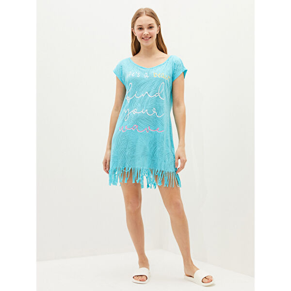 LCW DREAM Kayık Yaka Baskılı Kısa Kollu Kadın Plaj Elbisesi LCW DREAM Kayık Yaka Baskılı Kısa Kollu Kadın Plaj Elbisesi