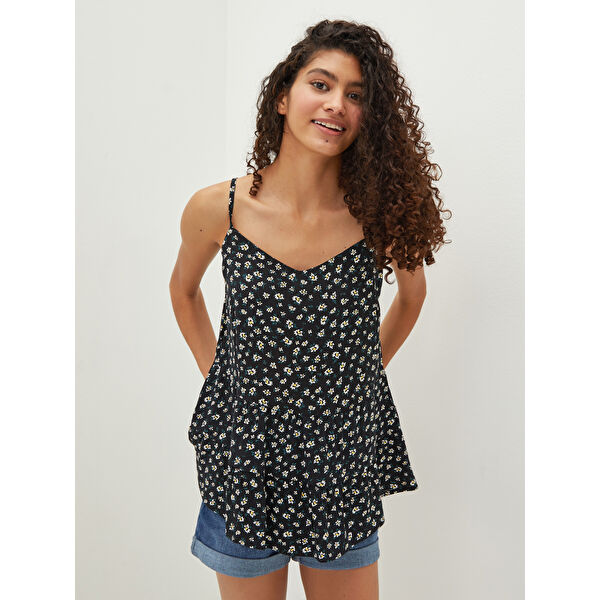 LCW CASUAL V Yaka Askılı Çiçekli Krinkle Kumaş Kadın Bluz