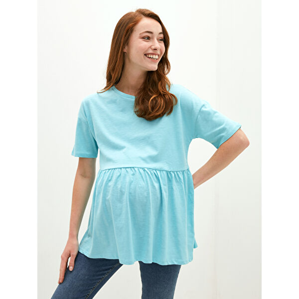 Bisiklet Yaka Fırfır Detaylı Kısa Kollu Pamuklu Hamile Tişört