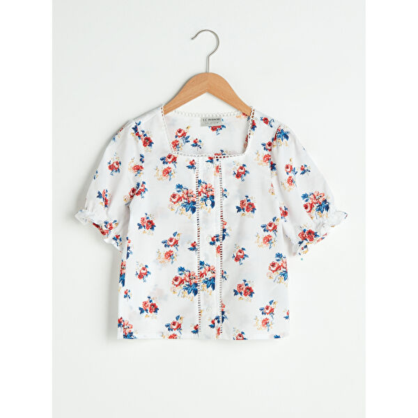 Kare Yaka Desenli Kısa Kollu Poplin Kız Çocuk Bluz