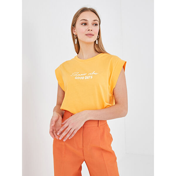 LCW VISION Bisiklet Yaka Baskılı Kolsuz Pamuklu Kadın Tişört