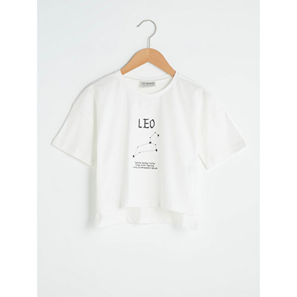 Bisiklet Yaka Aslan Burç Baskılı Kısa Kollu Kız Çocuk Tişört Bisiklet Yaka Aslan Burç Baskılı Kısa Kollu Kız Çocuk Tişört