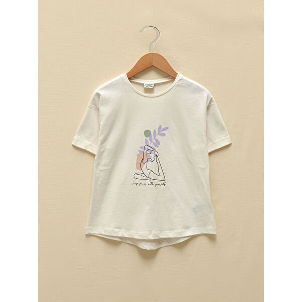 Bisiklet Yaka Baskılı Kısa Kollu Organik Pamuklu Kız Çocuk Tişört