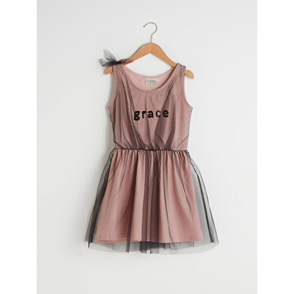 Bisiklet Yaka Pul İşlemeli Kız Çocuk Tüllü Elbise