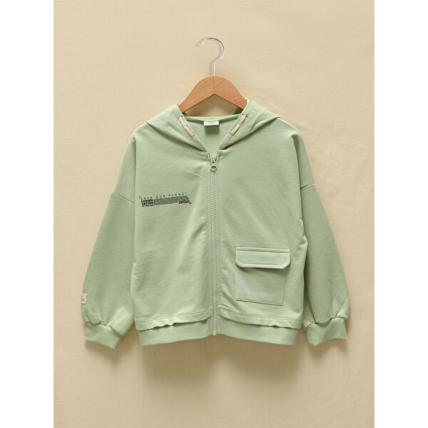 Kapüşonlu Baskılı Uzun Kollu Organik Pamuklu Kız Çocuk Fermuarlı Sweatshirt