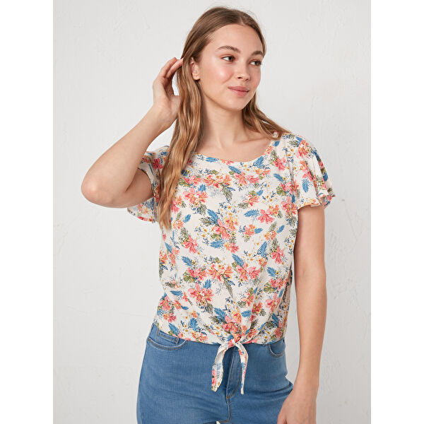 Bisiklet Yaka Çiçek Baskılı Kısa Kollu Viskon Kadın Bluz Bisiklet Yaka Çiçek Baskılı Kısa Kollu Viskon Kadın Bluz