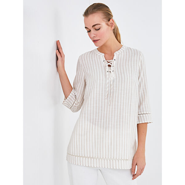 LCW GRACE Bağlamalı Yaka Çizgili Kuş Gözü Detaylı Pamuklu Kadın Tunik