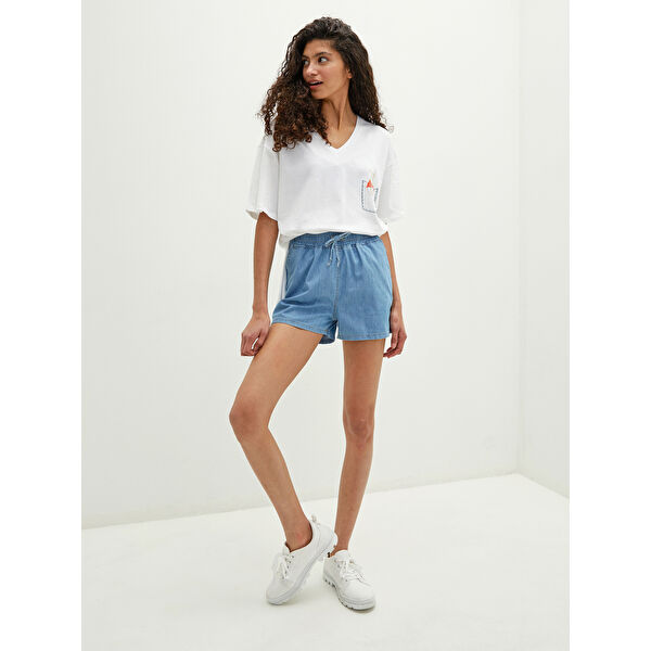 Beli Lastikli Düz Cep Detaylı Kadın Rodeo Jean Şort