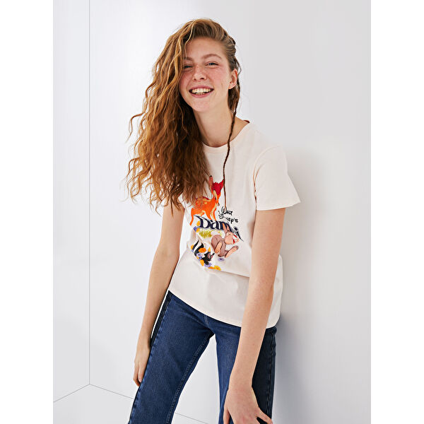 XSIDE Bisiklet Yaka Bambi Baskılı Kısa Kollu Pamuklu Kadın Tişört