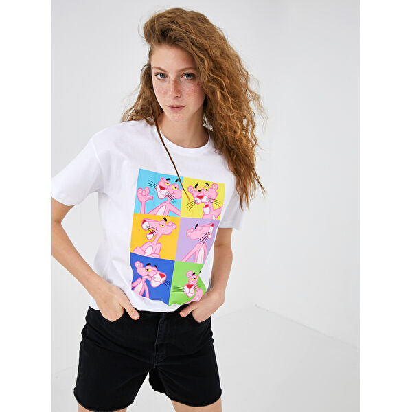 XSIDE Bisiklet Yaka Pembe Panter Baskılı Kısa Kollu Pamuklu Kadın Tişört