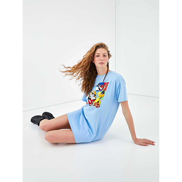 Bisiklet Yaka Looney Tunes Baskılı Kısa Kollu Kadın Elbise