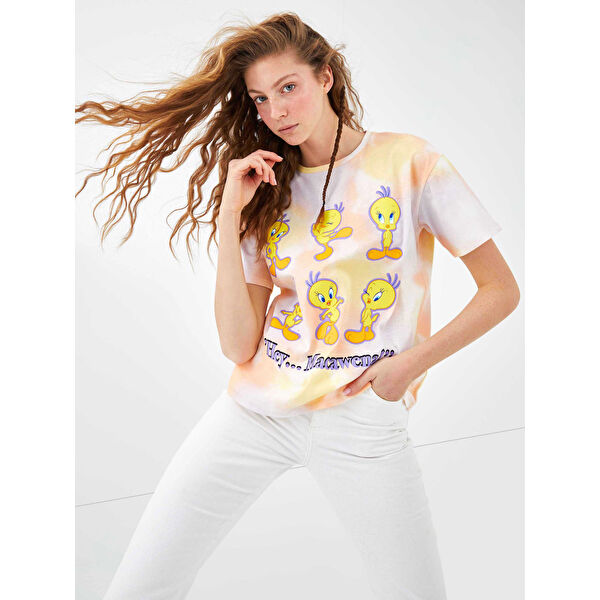 XSIDE Bisiklet Yaka Tweety Baskılı Kısa Kollu Pamuklu Kadın Tişört