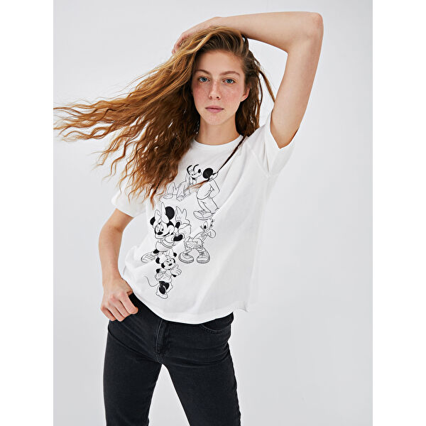 XSIDE Bisiklet Yaka Mickey ve Arkadaşları Baskılı Kısa Kollu Pamuklu Kadın Tişört