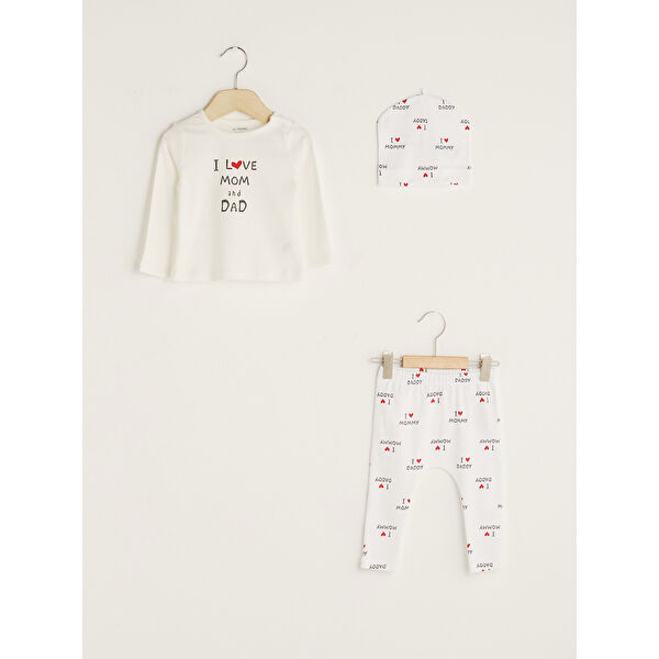 Bisiklet Yaka Uzun Kollu Baskılı Kız Bebek Tişört Pantolon ve Bere 3'lü Takım