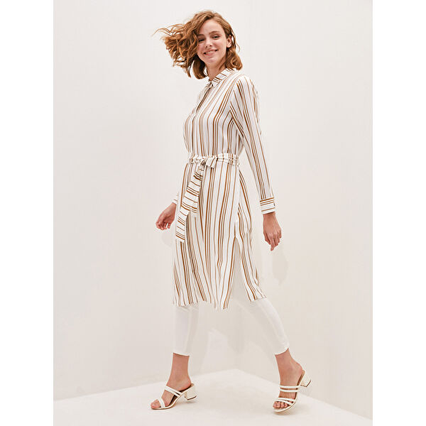 LCW CLASSIC Gömlek Yaka Çizgili Uzun Kollu Beli Kuşaklı Viskon Kadın Tunik