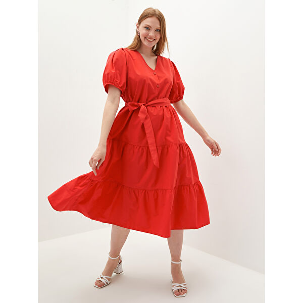 LCW CLASSIC V Yaka Beli Bağlama Detaylı Kısa Kollu Fırfırlı Pamuklu Kadın Elbise