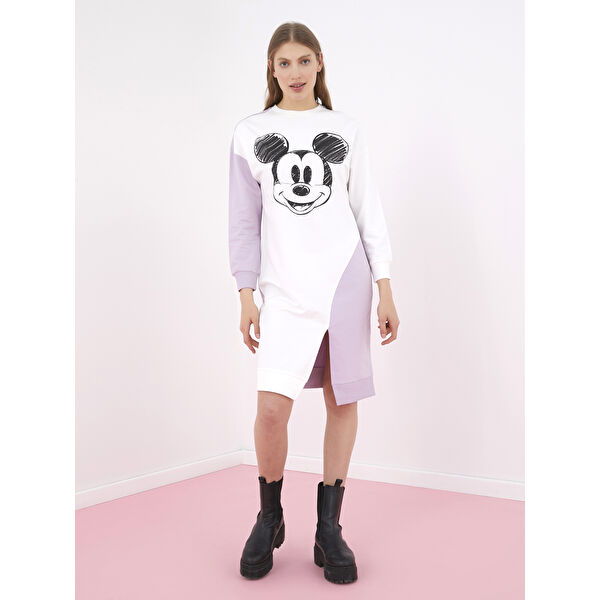 LCW LIMITED Bisiklet Yaka Mickey Mouse Baskılı Renk Bloklu Uzun Kollu Kadın Elbise