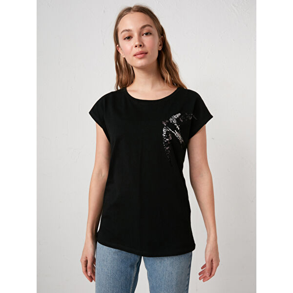LCW CASUAL Bisiklet Yaka Pul Payet Baskılı Kısa Kollu Pamuklu Kadın Tişört