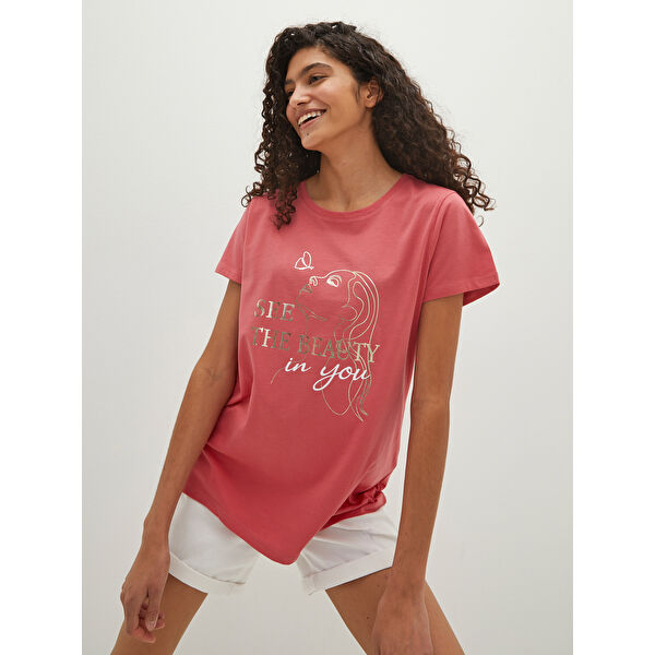 LCW CASUAL Bisiklet Yaka Parlak Baskılı Kısa Kollu Pamuklu Kadın Tişört