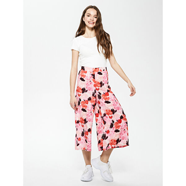 LCW CASUAL Beli Lastikli Baskılı Geniş Paça Poplin Kadın Capri