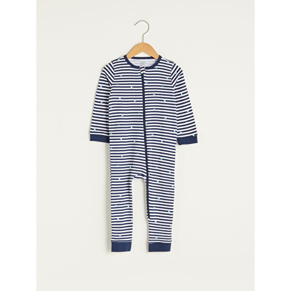 Bisiklet Yaka Uzun Kollu Çizgili Pamuklu Erkek Bebek Fermuarlı Tulum