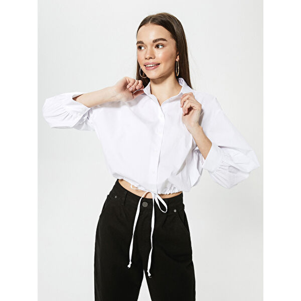 LCW VISION Düğme Kapamalı Düz Uzun Kollu Crop Poplin Kadın Gömlek