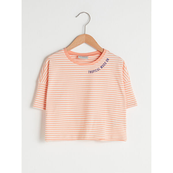 Bisiklet Yaka Çizgili Kısa Kollu Pamuklu Kız Çocuk Tişört